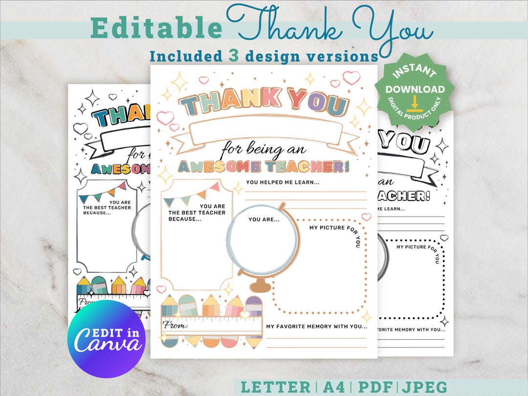 Teacher Appreciation Printable: Thank You Gift, Editable Design ...