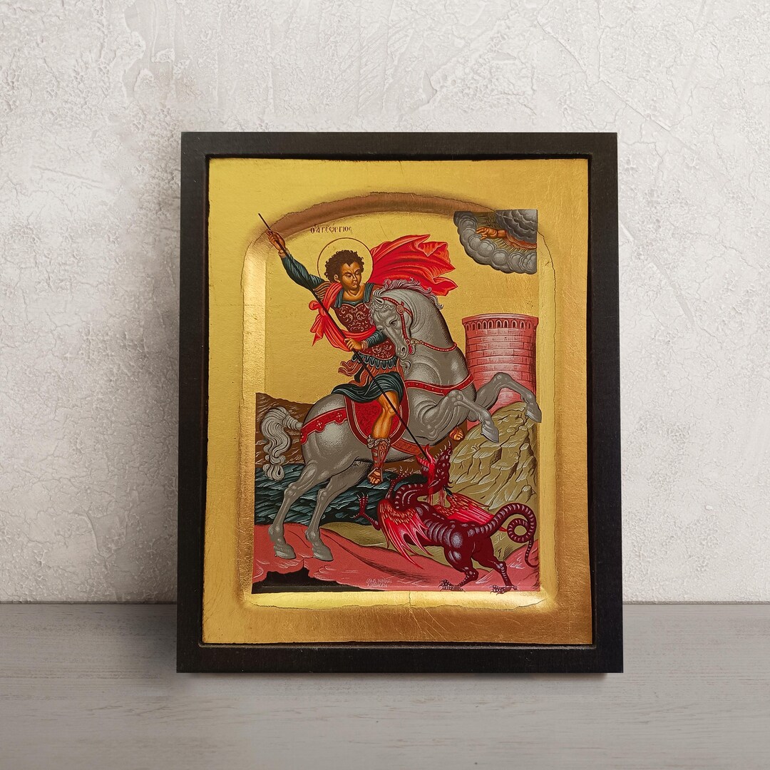 Sacred Greek Icon: Saint George Slaying the Dragon • Hand Painted ...
