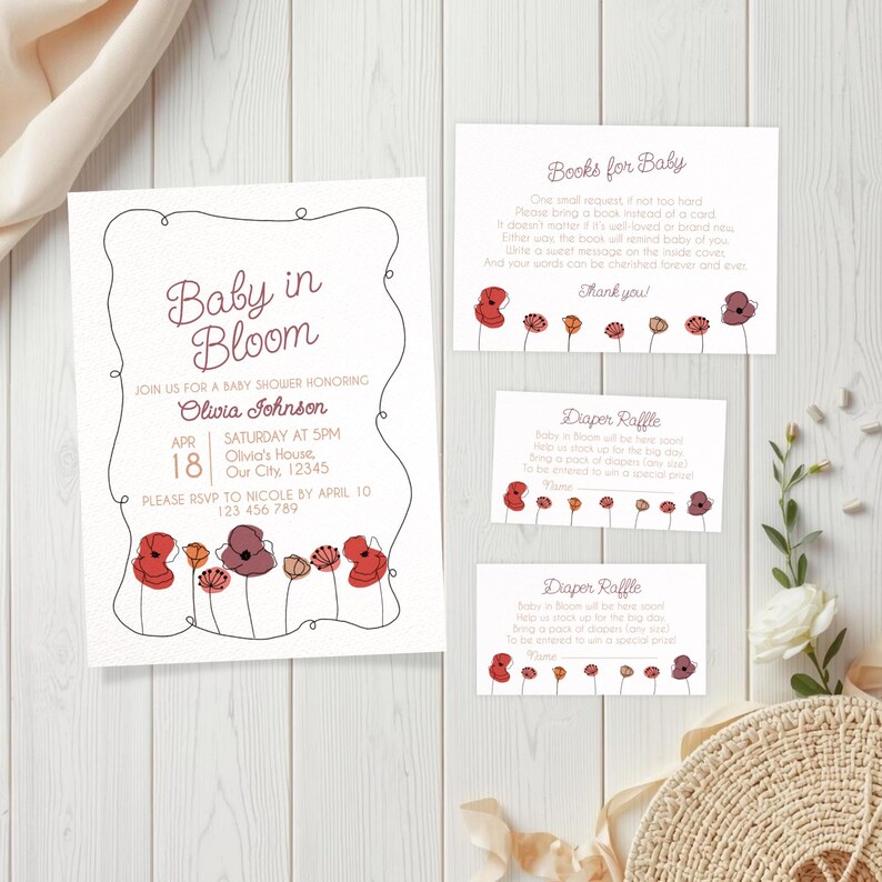 Baby in Bloom Invitation Bundle | Diaper Raffle and Books for Baby P029 ...