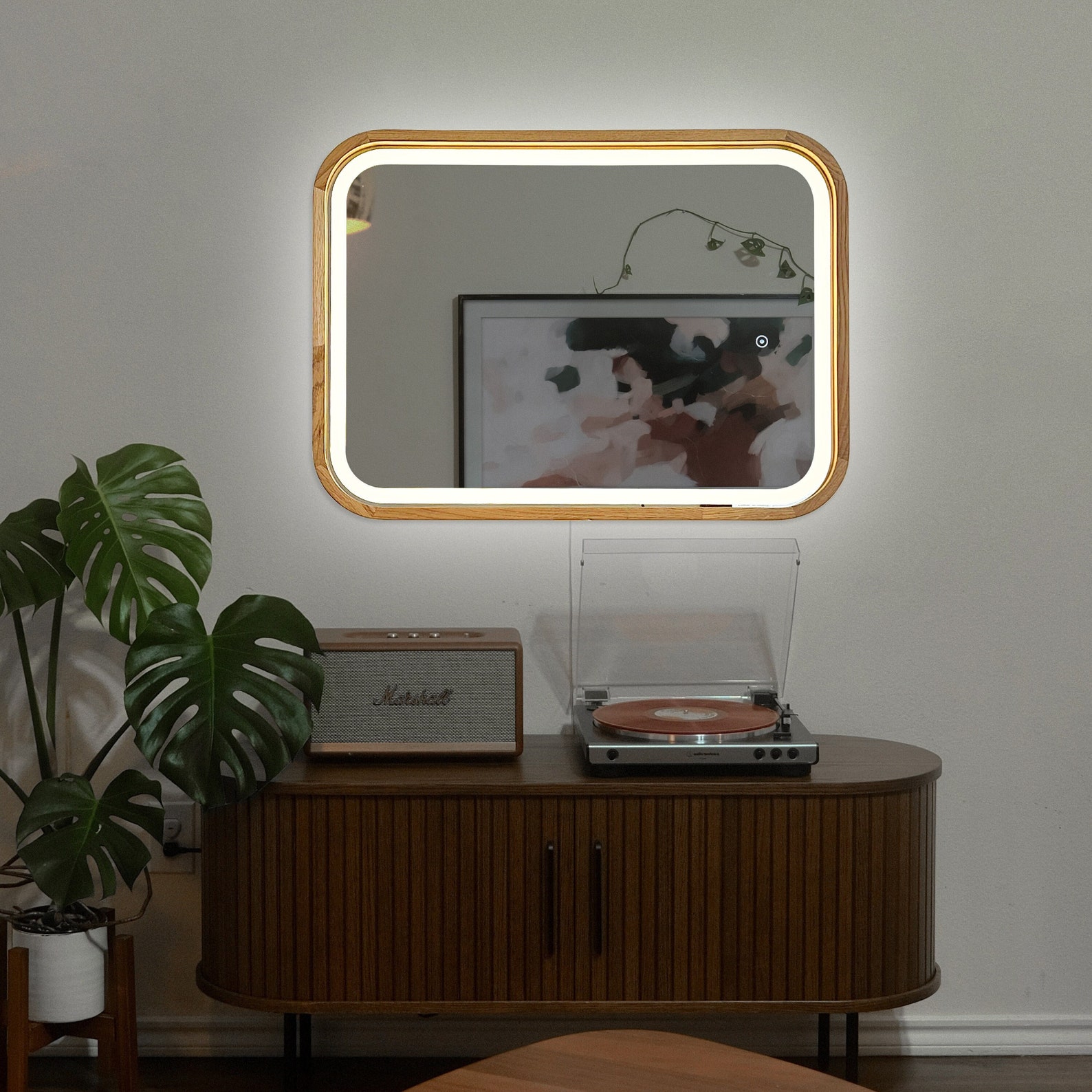 Rectangular Wood Mirror, LED Lighting Mirror, Wooden Wall Mirror, Large ...