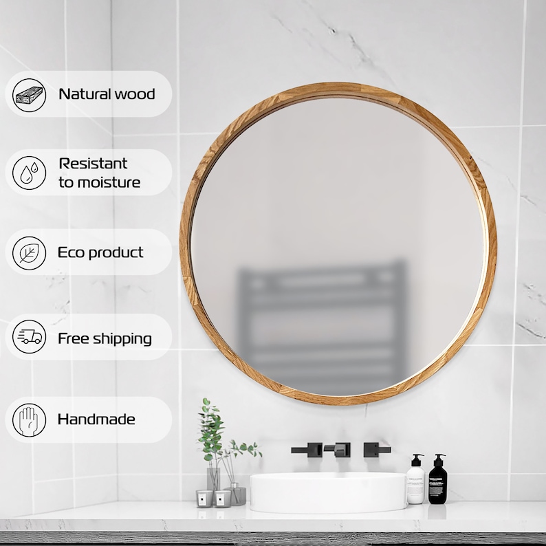 Round Bathroom Wood Mirror, Mirror Wall Decor, Modern Organic White Oak ...