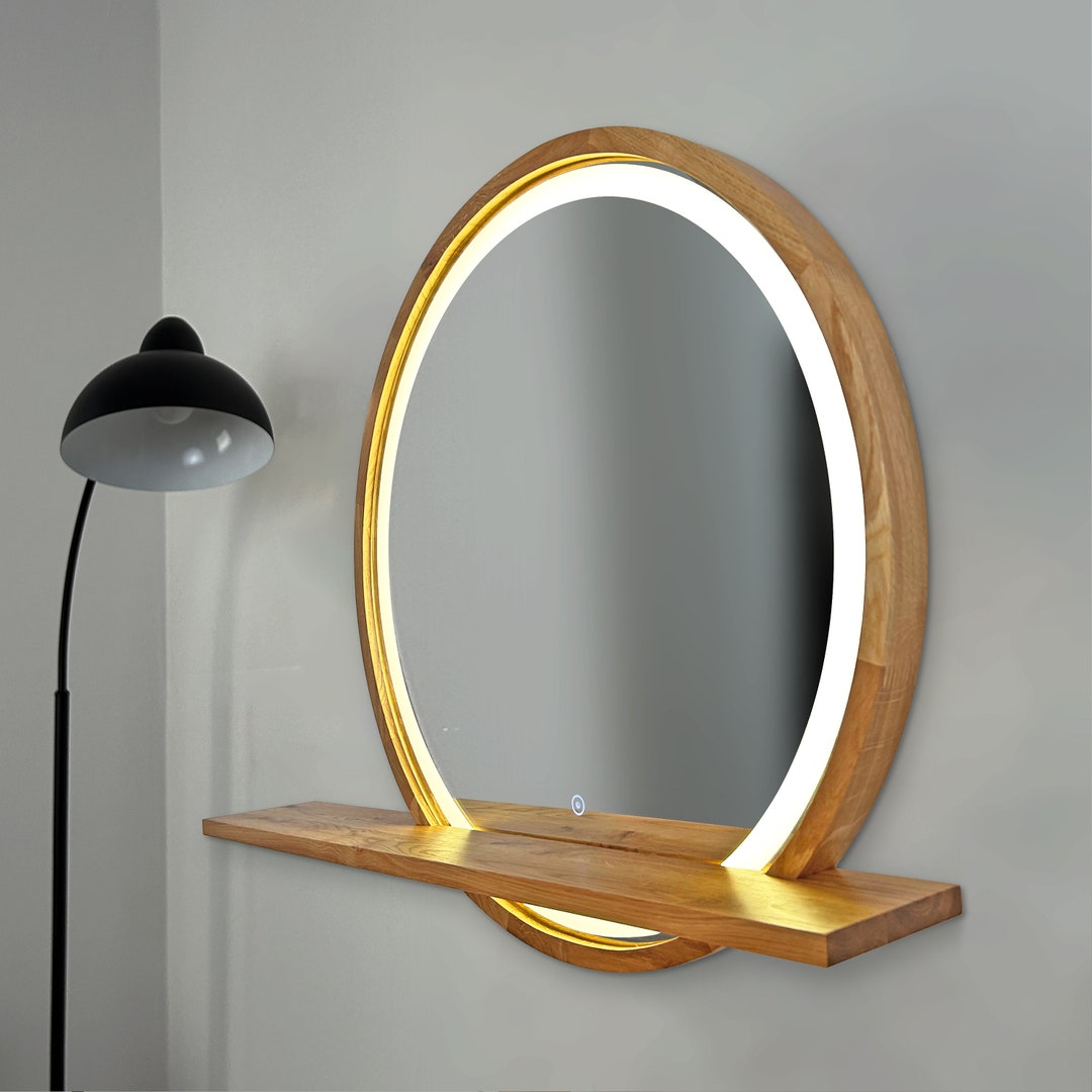 LED Mirror With Wooden Shelf, Round Wood Mirror Wall Decor, Circle ...