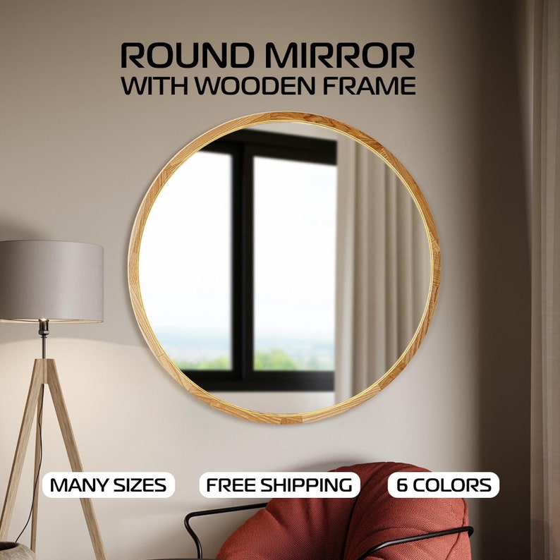 Oak Round Frame Mirror, Wooden Mirror, Handcrafted Round Wood Mirror ...
