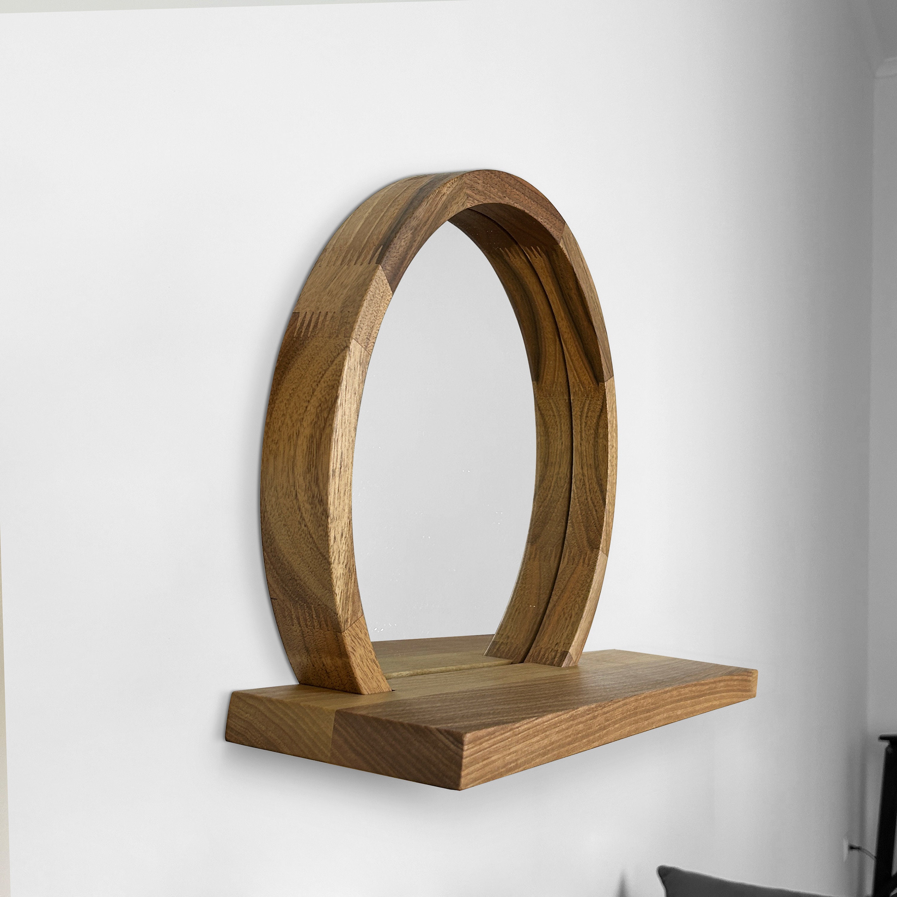 Round Wooden Mirror With Shelf, Wood Mirror Wall Decor, Floating Shelf ...