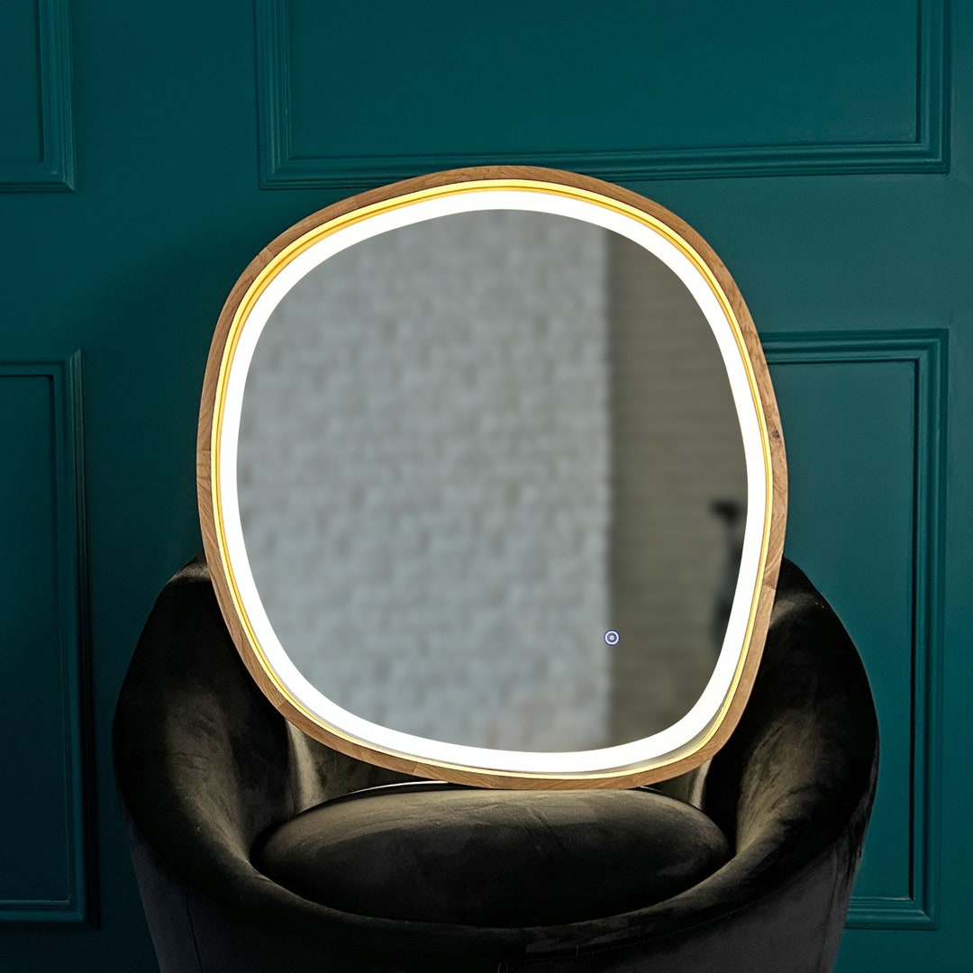 Asymmetrical Antique Bathroom LED Mirror, Irregular Wood Shape Makeup ...