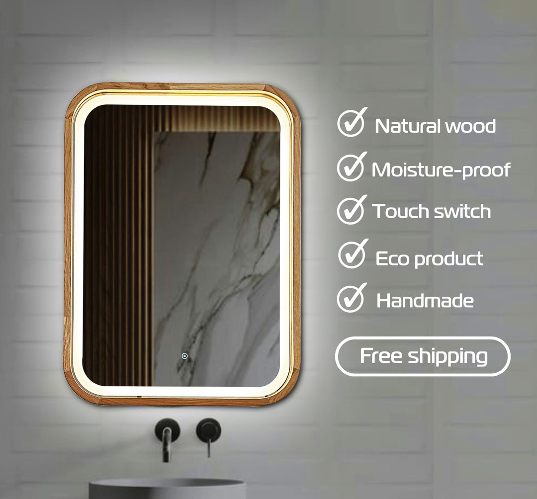 Rectangular Wood Mirror, LED Lighting Mirror, Wooden Wall Mirror, Large ...