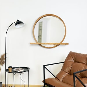 Round Mirror With Wooden Shelf, Shelf Mirror, Wooden Console Mirror ...