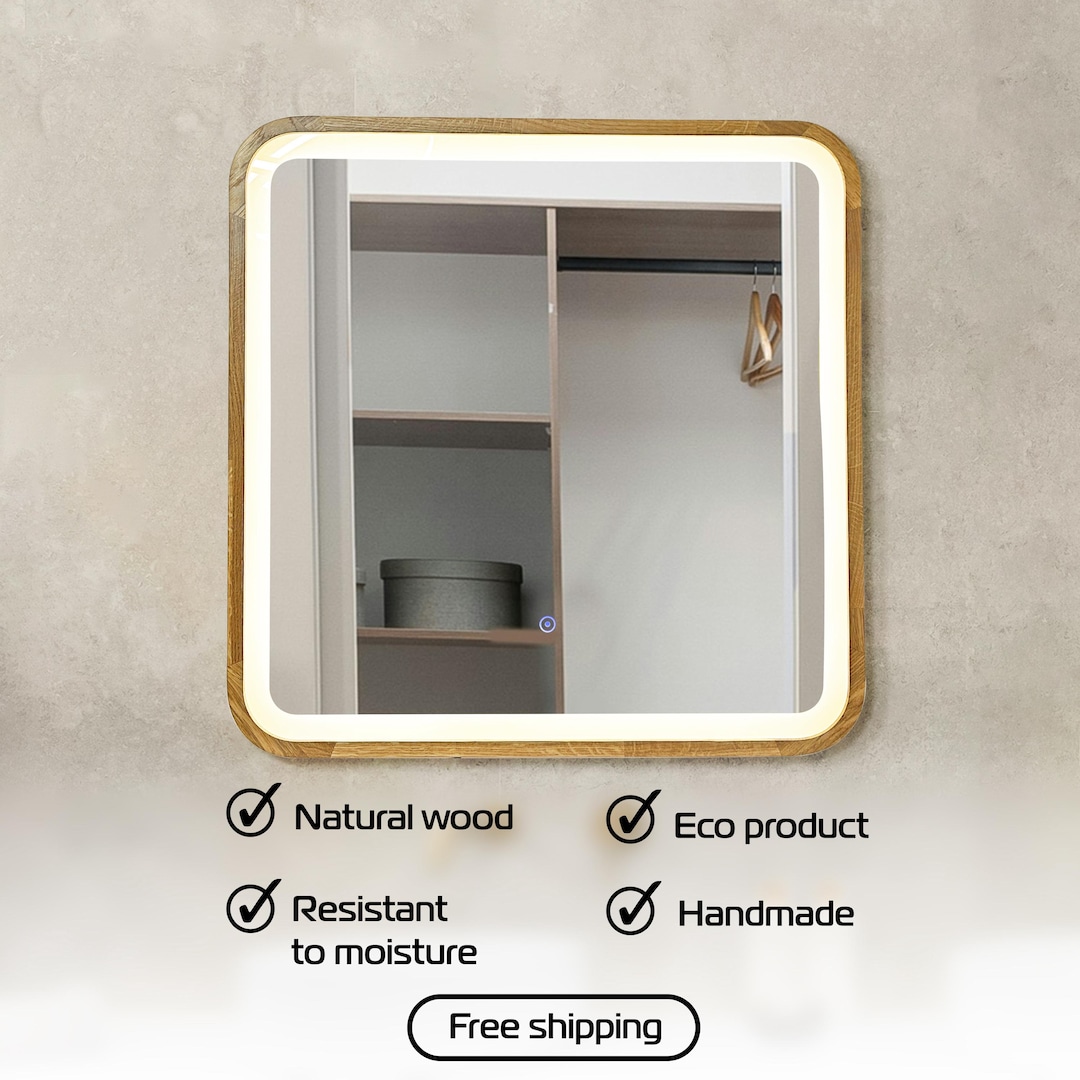 Square Wooden Mirror, LED Lighting Mirror, Wooden Wall Mirror, Large ...