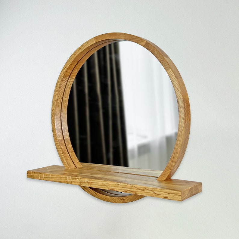 Round Mirror With Wooden Shelf, Shelf Mirror, Wooden Console Mirror ...
