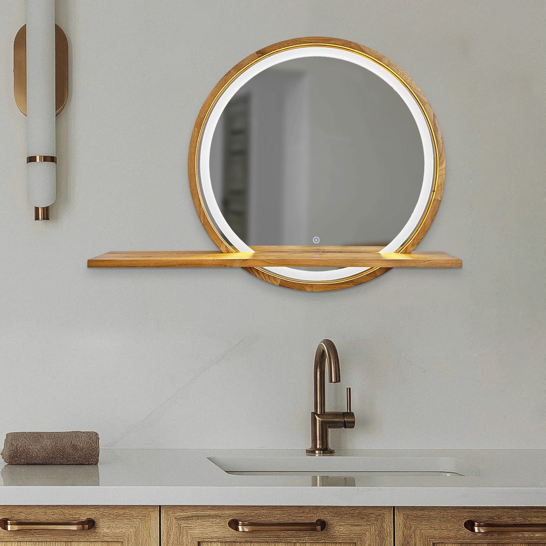 Wood Mirror, Circle LED Mirror With Shelf, Round Mirror, Makeup Mirror ...
