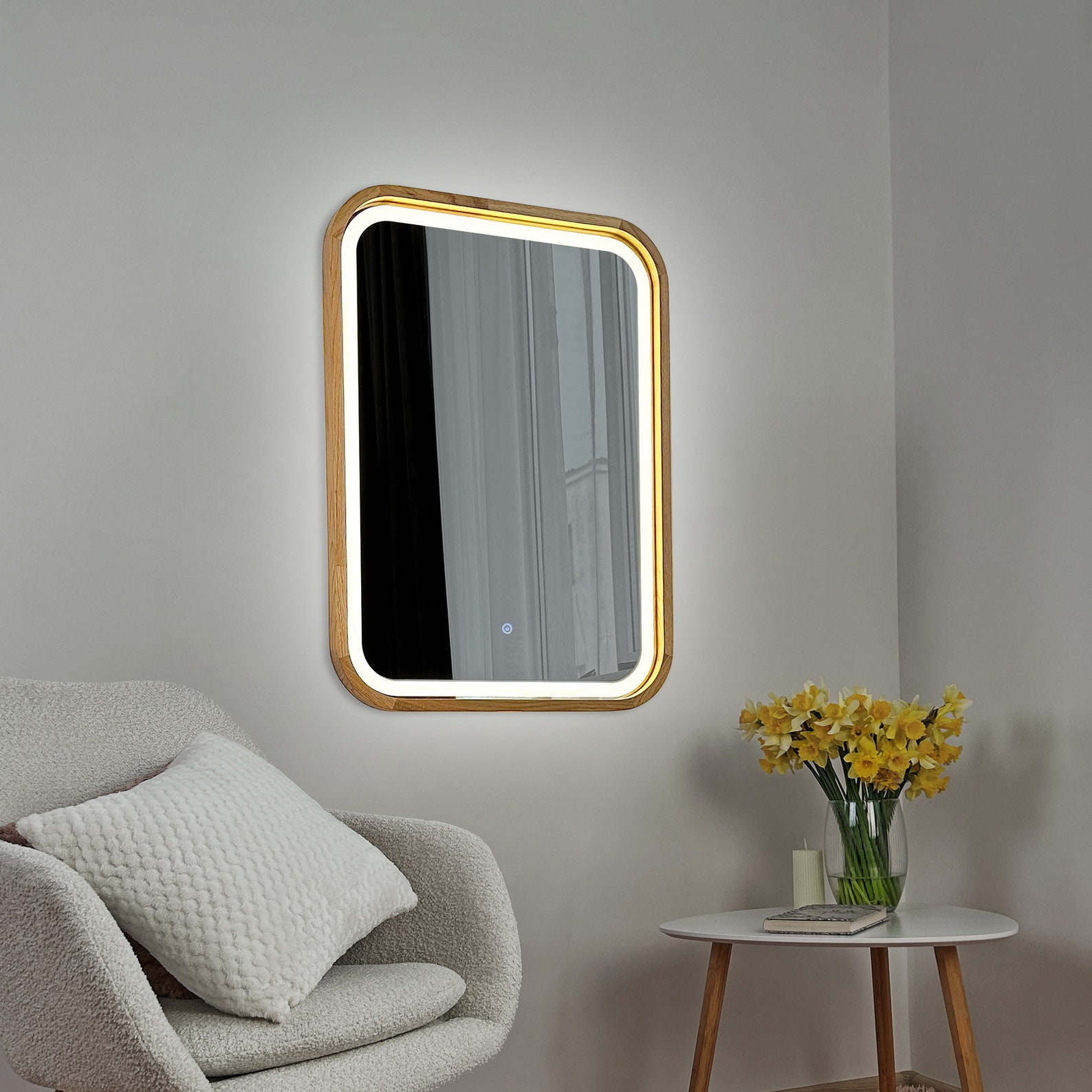 Rectangular Wood Mirror, LED Lighting Mirror, Wooden Wall Mirror, Large ...