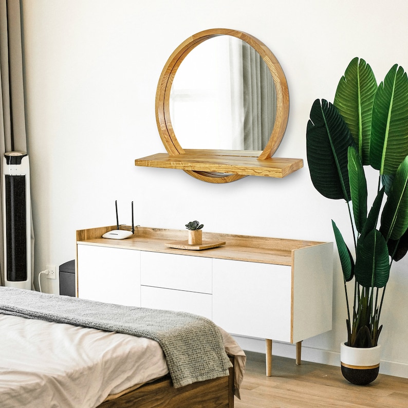 Round Mirror With Wooden Shelf, Shelf Mirror, Wooden Console Mirror ...