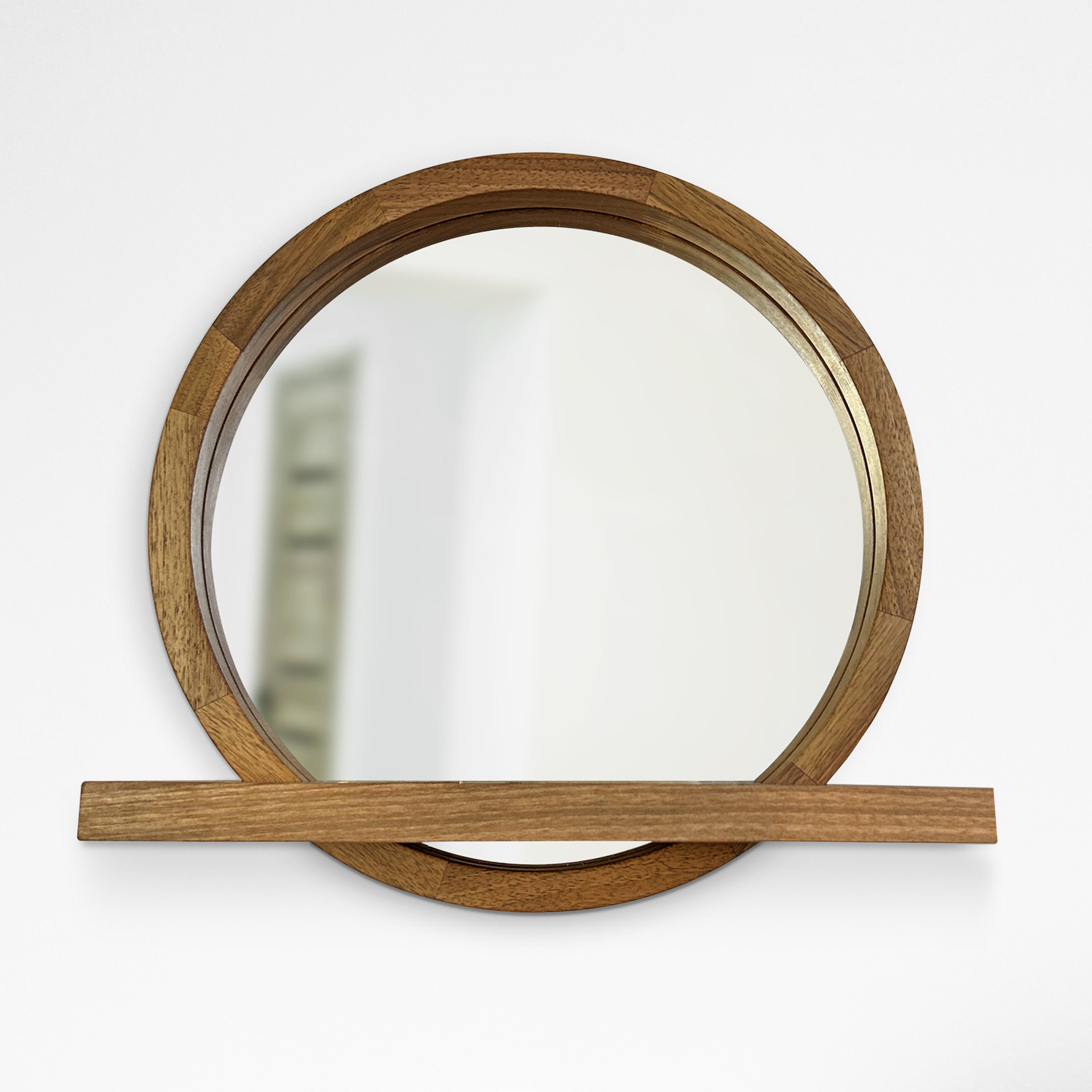 Round Mirror With Shelf, Walnut Mirror Wall Decor, Floating Shelf ...