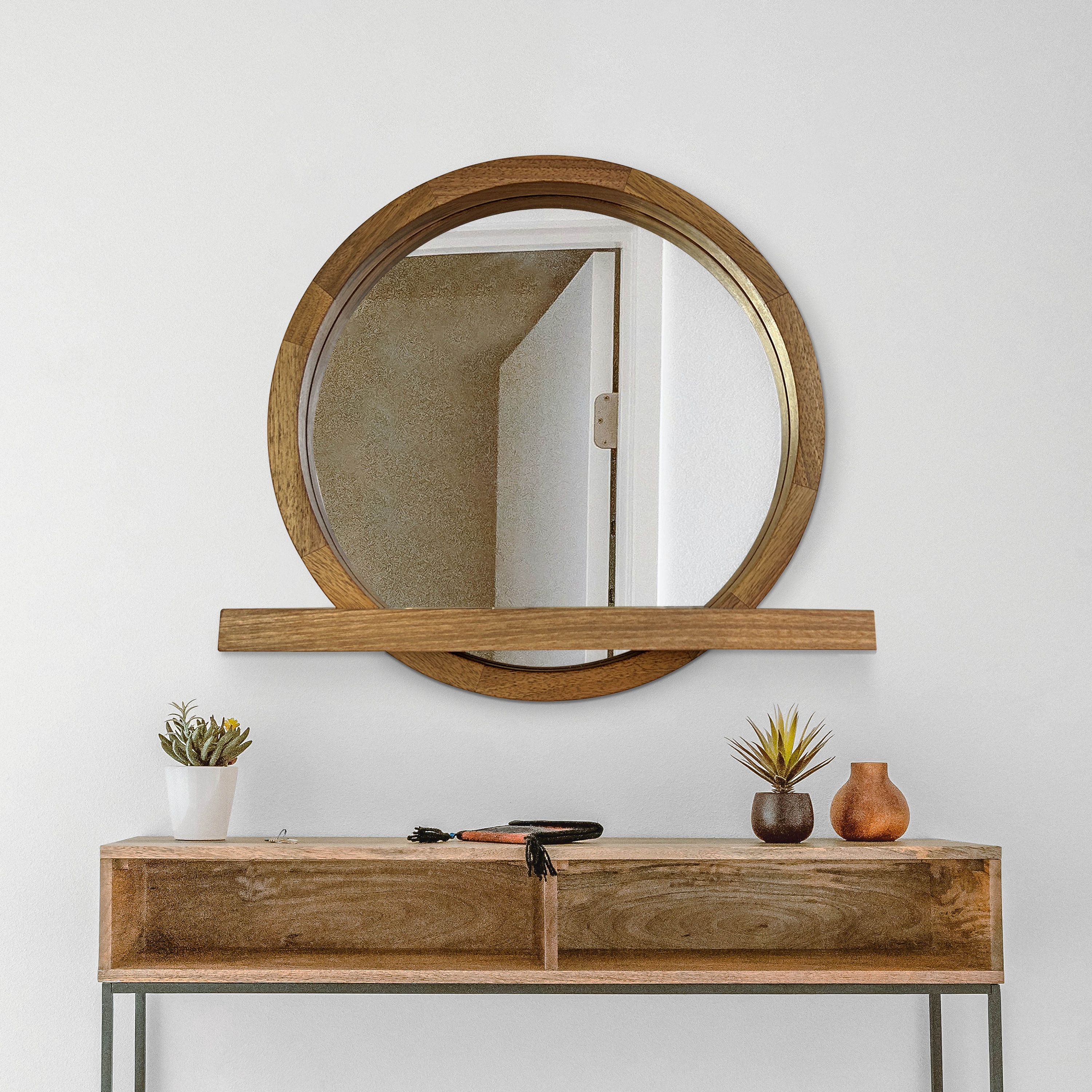 Round Wooden Mirror With Shelf, Wood Mirror Wall Decor, Floating Shelf ...