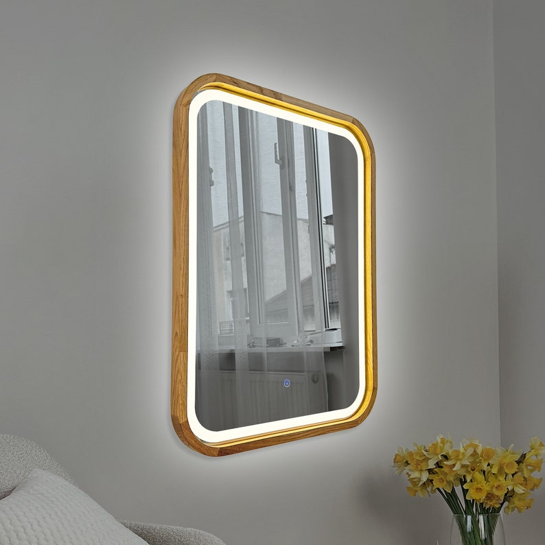 Rectangular Wood Mirror, LED Lighting Mirror, Wooden Wall Mirror, Large ...