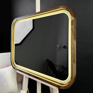 Rectangular Walnut Mirror, Wooden Mirror Wall Decor, LED Mirror, Large ...