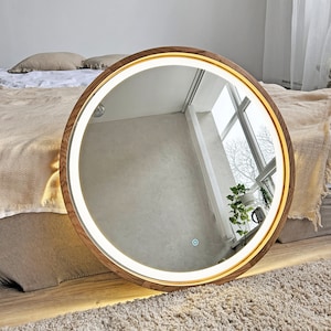 Round LED Mirror, Wood Mirror, LED Light, Bathroom Mirror, Makeup ...