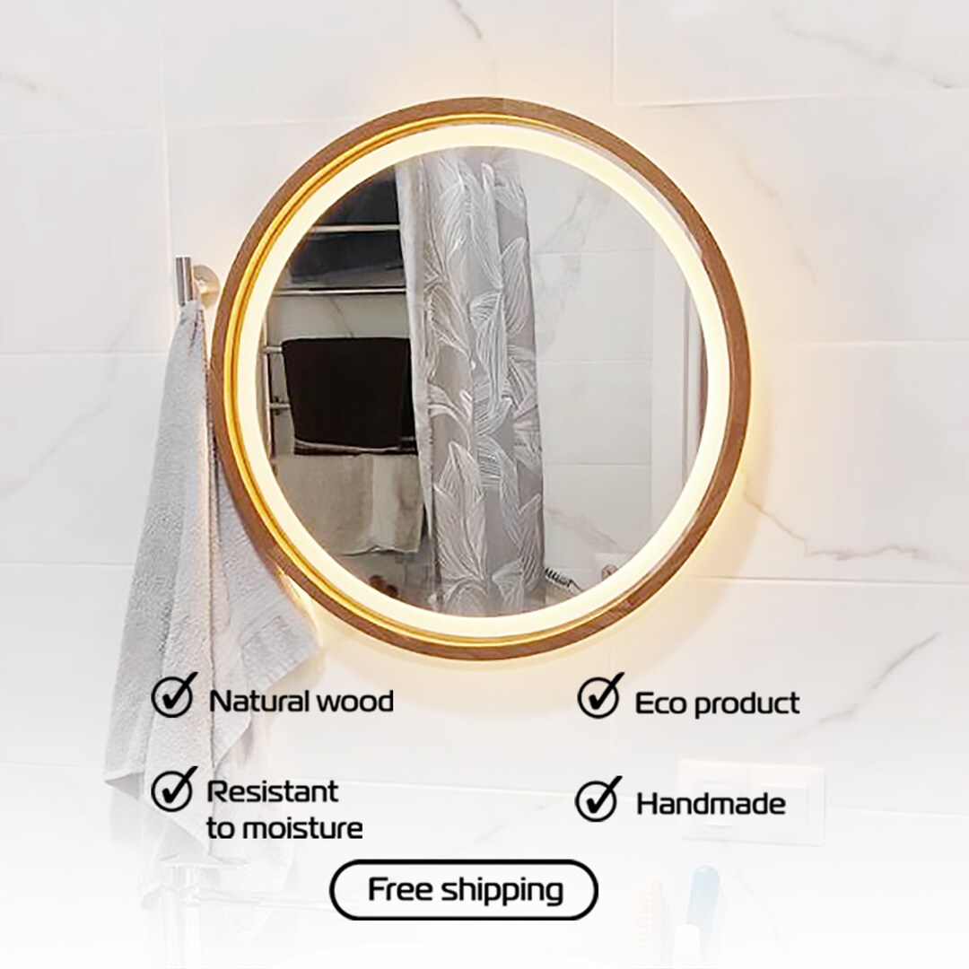 Round Mirror, Wood LED Mirror, Circle LED Mirror, Bathroom Mirror ...