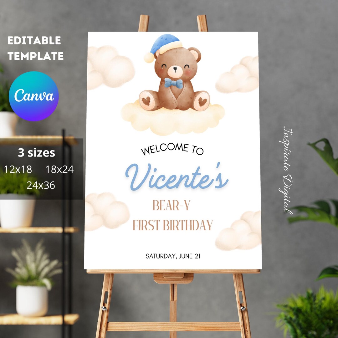 Teddy Bear Welcome Sign, Bear-y First Birthday Welcome Sign, Editable ...