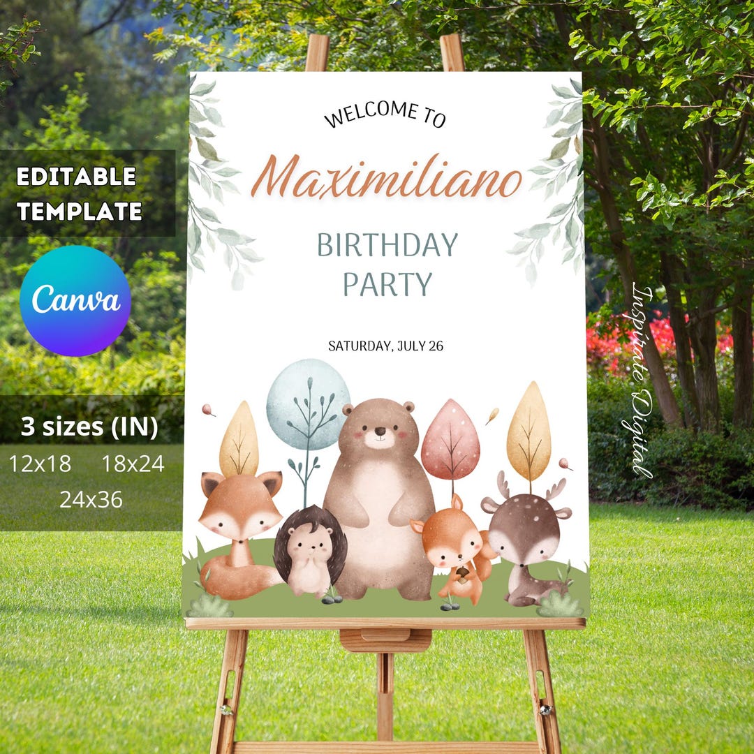 Editable Woodland Animals Welcome Sign for Birthday, Woodland Animals ...