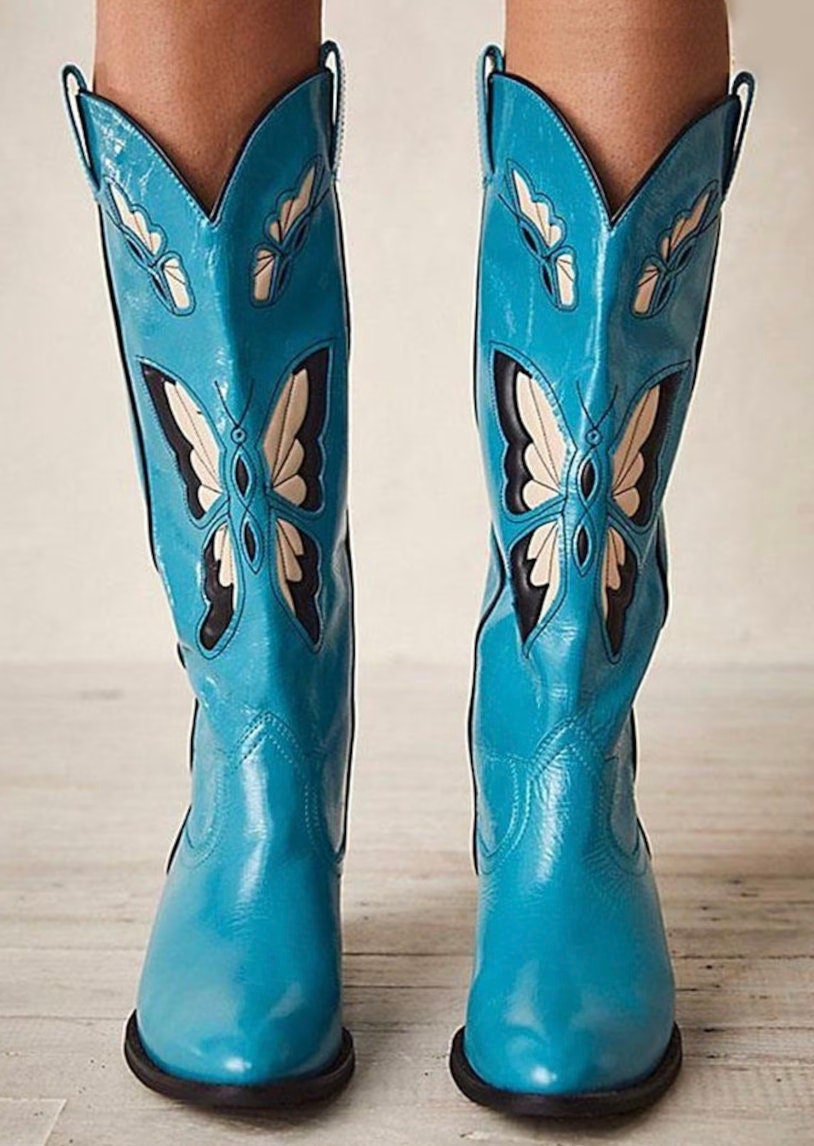Womens Cowgirl Boots Butterfly Pattern Western Boots Cowboy Boots Teal ...