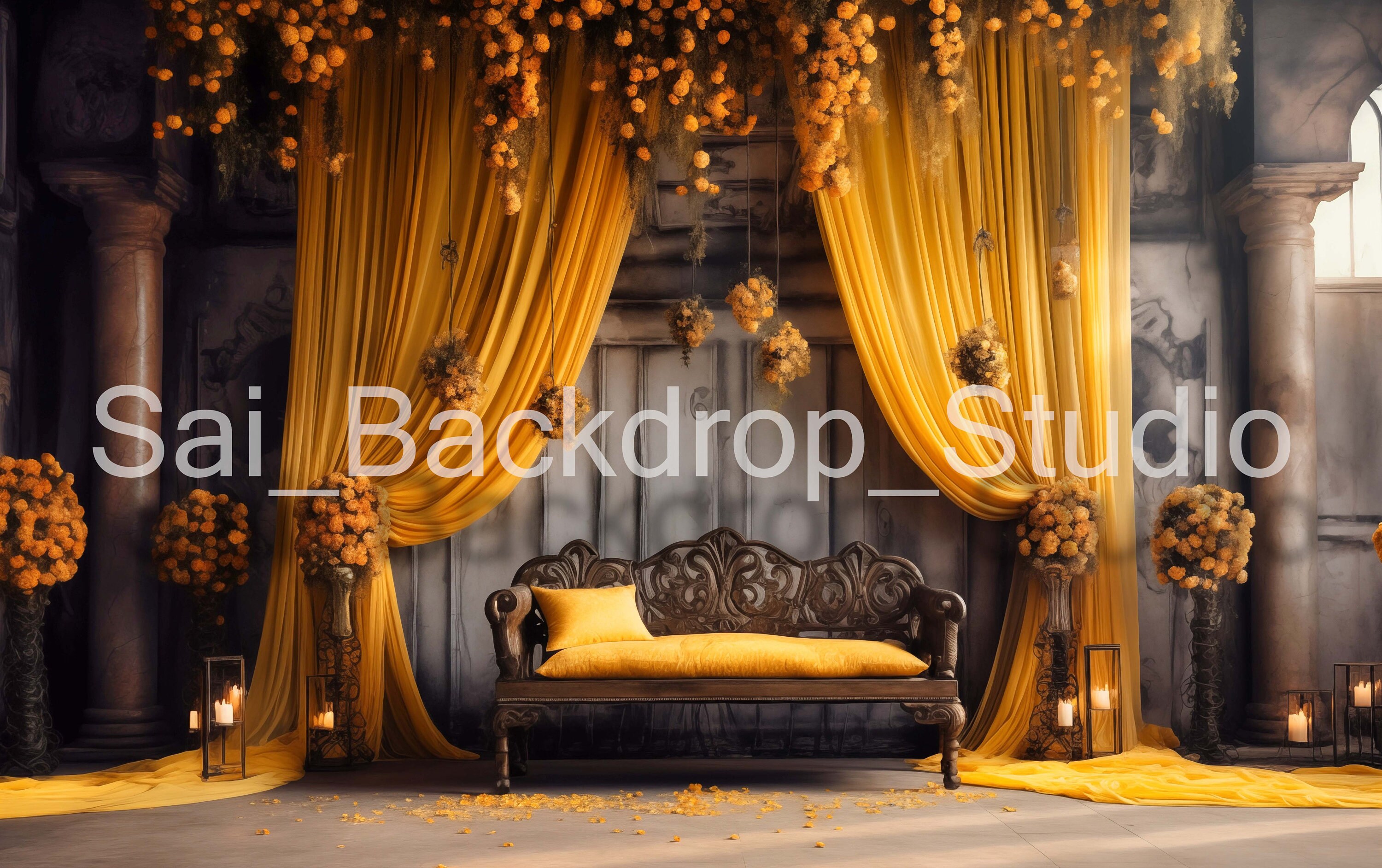 Indian Wedding Sangeet Backdrop Set of 36 , Yellow Theme , Photoshop ...
