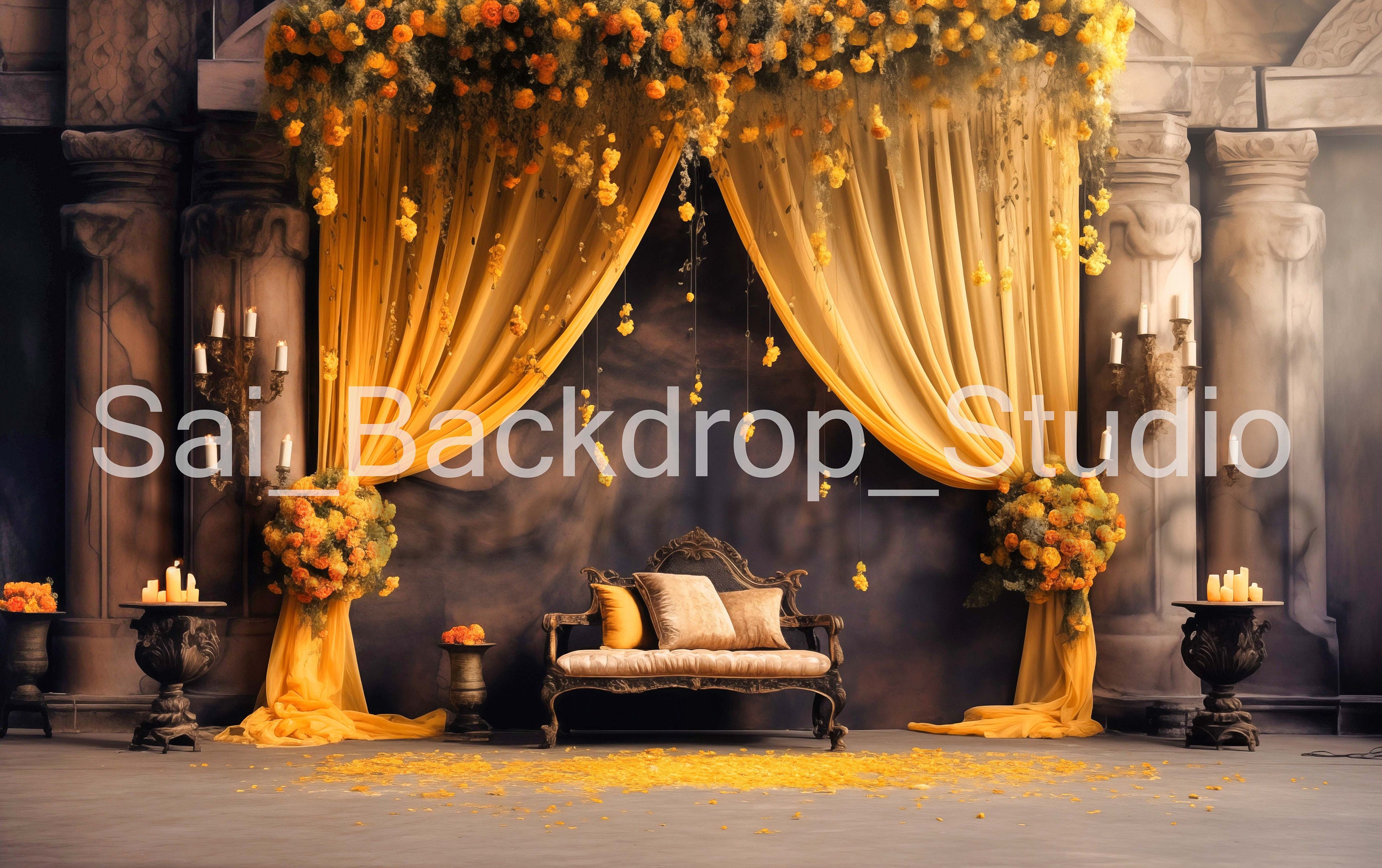 Indian Wedding Sangeet Backdrop Set of 36 , Yellow Theme , Photoshop ...