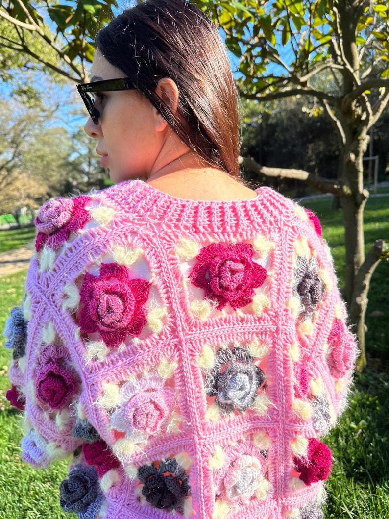 Handmade Crochet Cardigan,pink Granny Square Cardigan,wool Cardigan ...