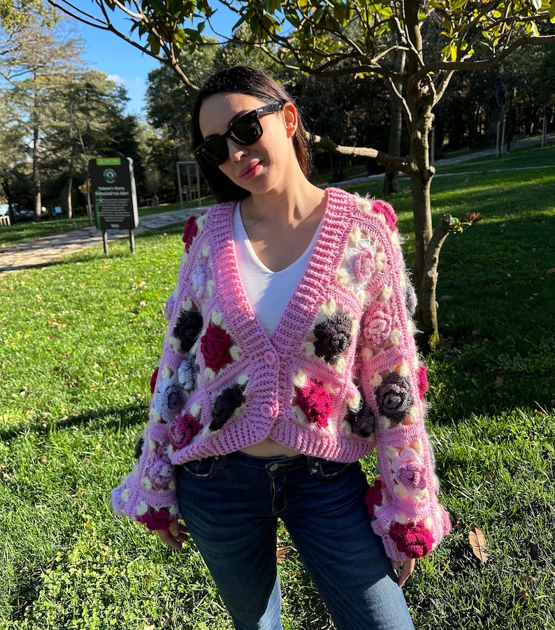 Handmade Crochet Cardigan,pink Granny Square Cardigan,wool Cardigan ...