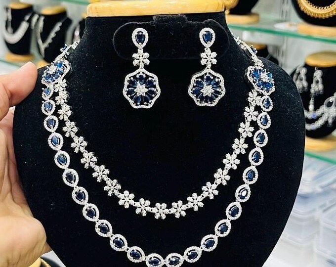 Dual Layered Blue Sapphire AD Necklace With Earrings/ CZ Stone Necklace ...