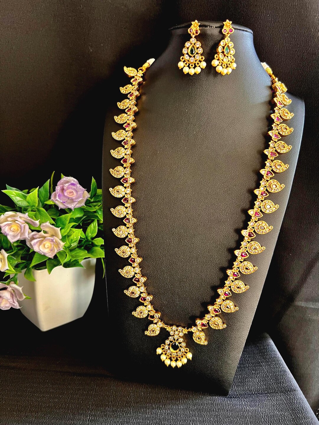 Traditional Mango Long Haram With Red Stone and Earrings/ South ...