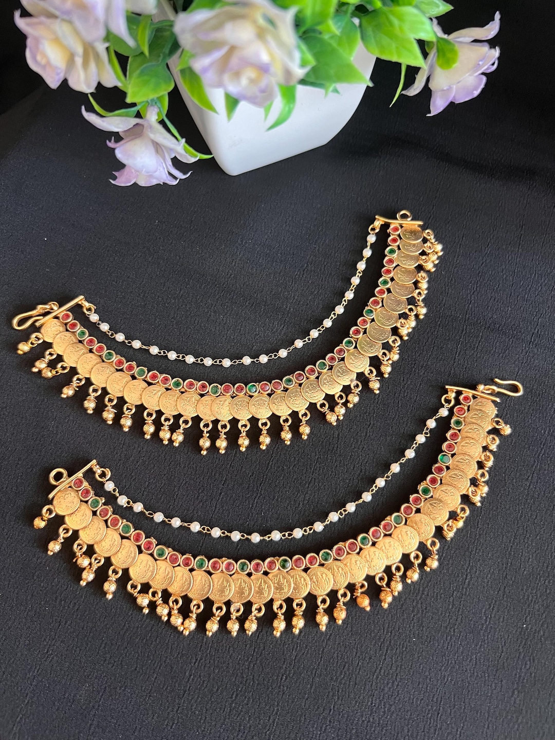 Layered Ear Chain With Pearl Dangle in Kemp Stones/maatal for Ear ...