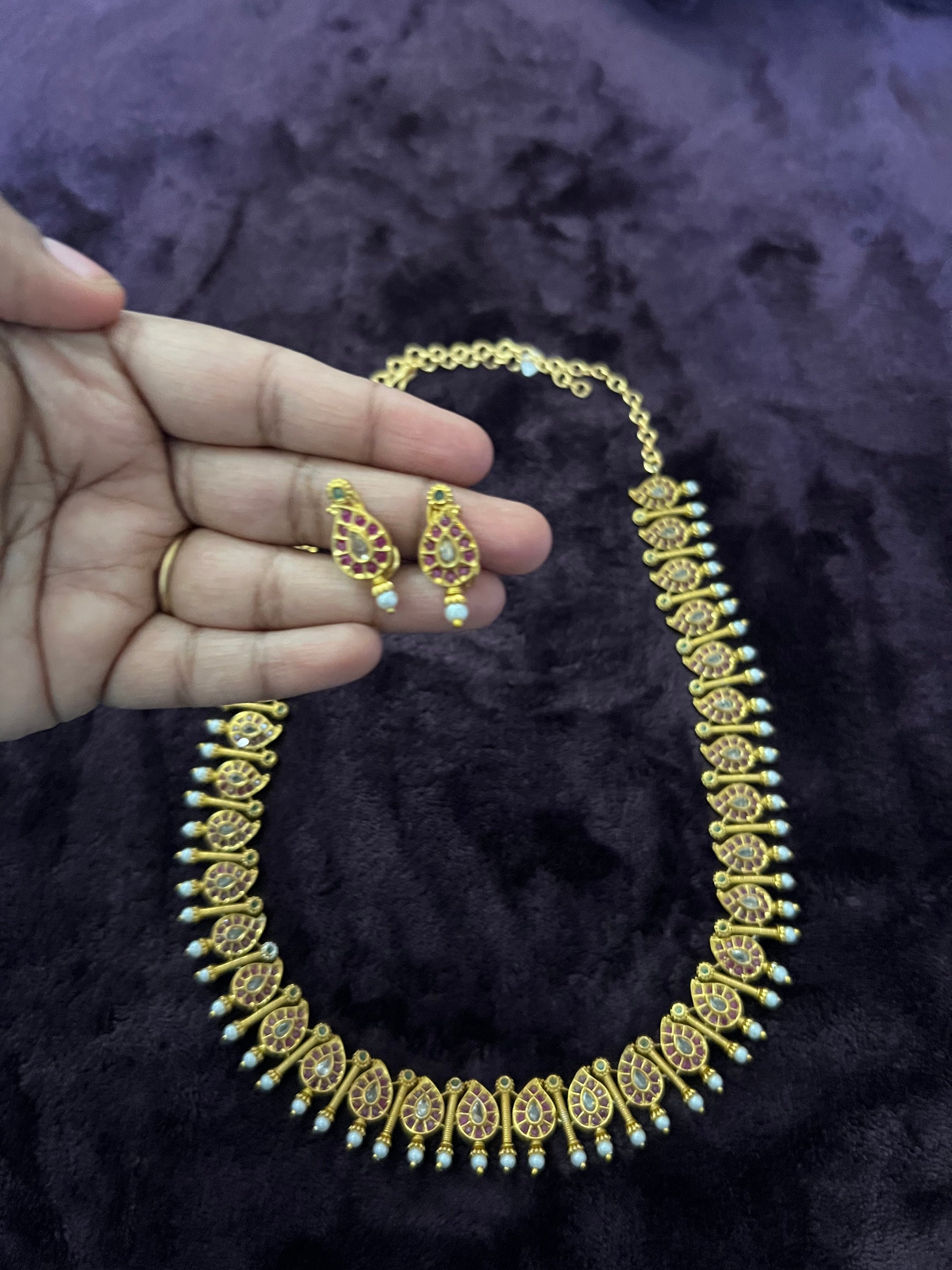 Kemp Mango Long Haram With Matching Earrings/ Long Haram/ South Indian ...