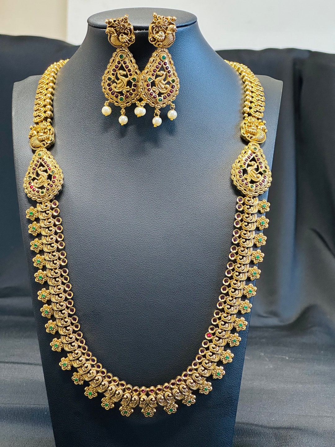 Nakshi Finish Mogappu Pattern Long Haram With Earrings/ South Indian ...