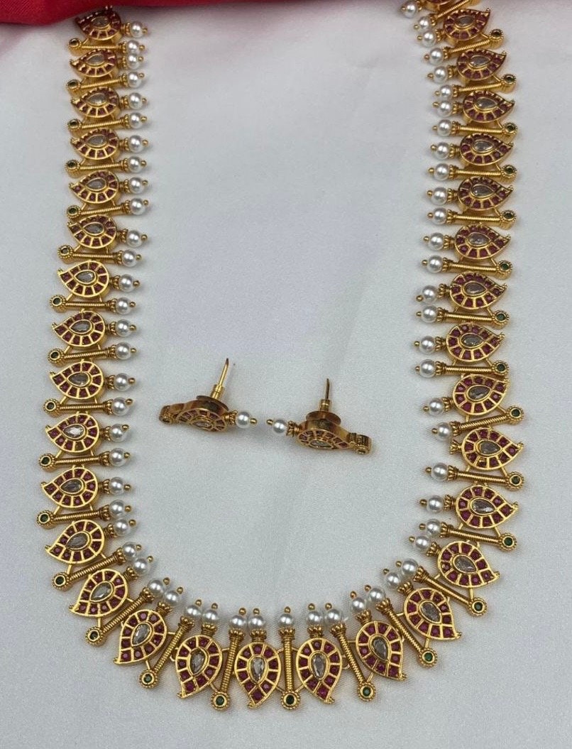 Kemp Mango Long Haram With Matching Earrings/ Long Haram/ South Indian ...