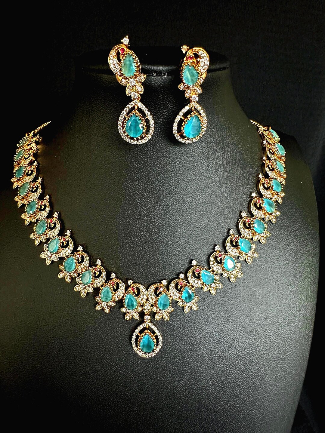 Mint Blue Color Mehendi Finish Peacock Motif Necklace and Matching ...