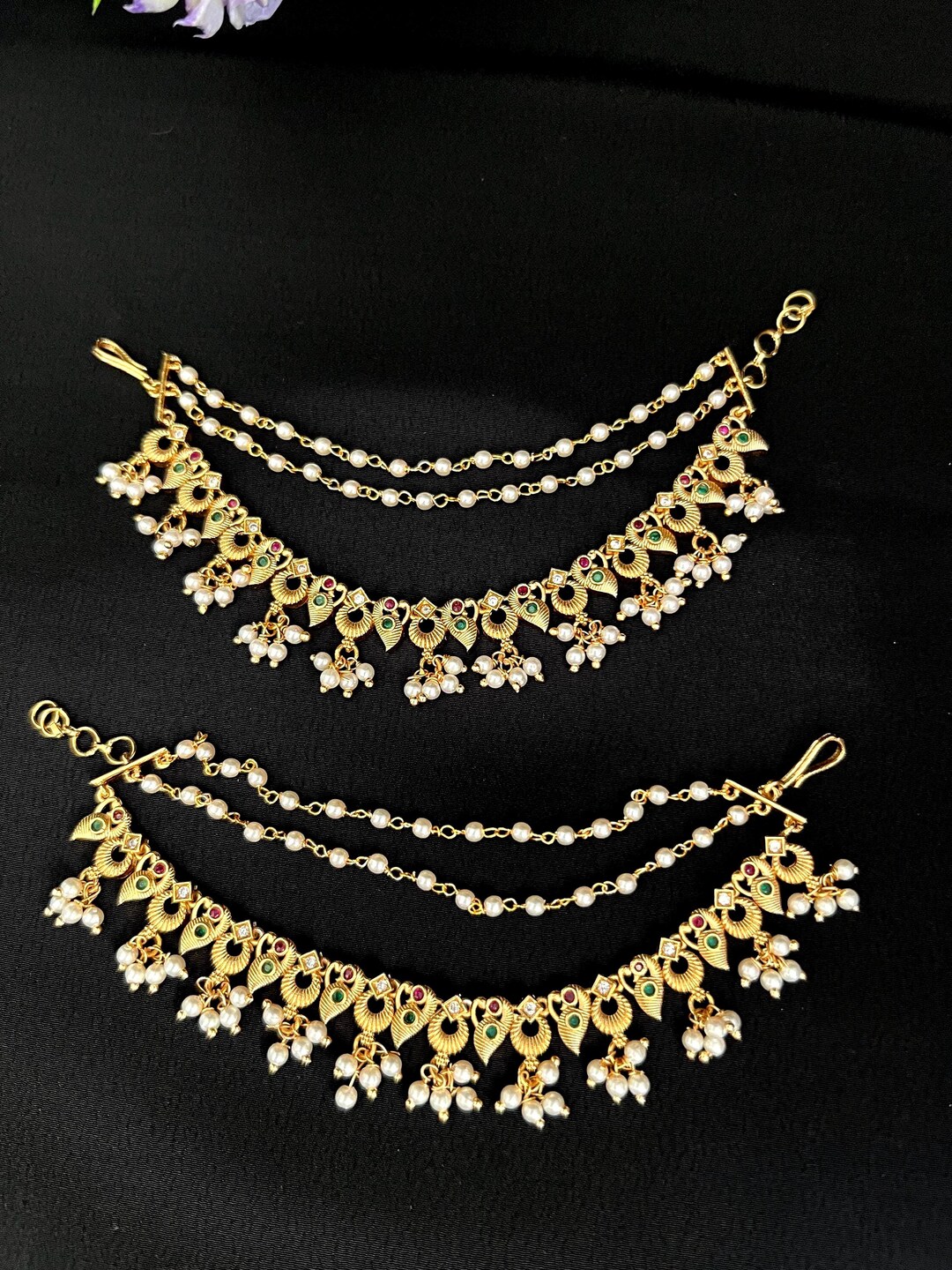 Three Layered Guttapusalu Ear Chain With Peacock Motif in Kemp Stones ...