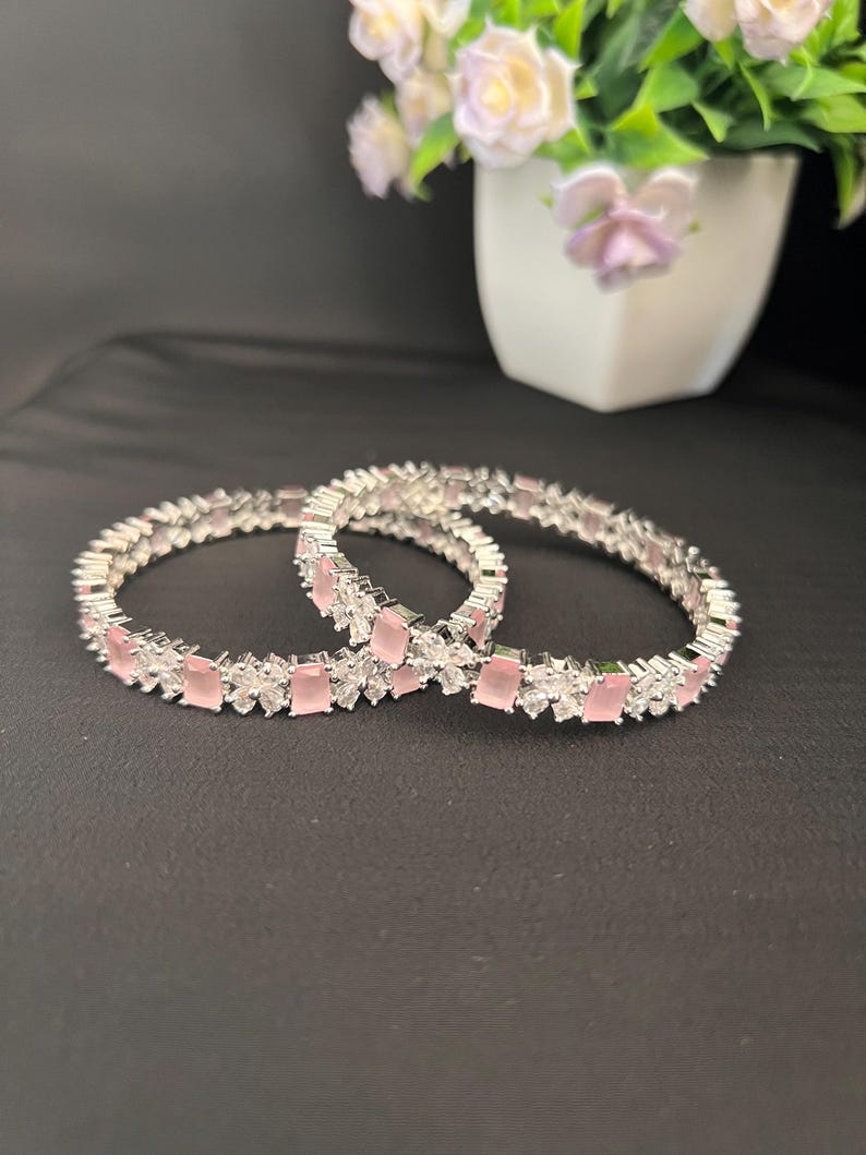 Baby Pink Floral Bangle Set, American Diamond Indian Bangles - Etsy