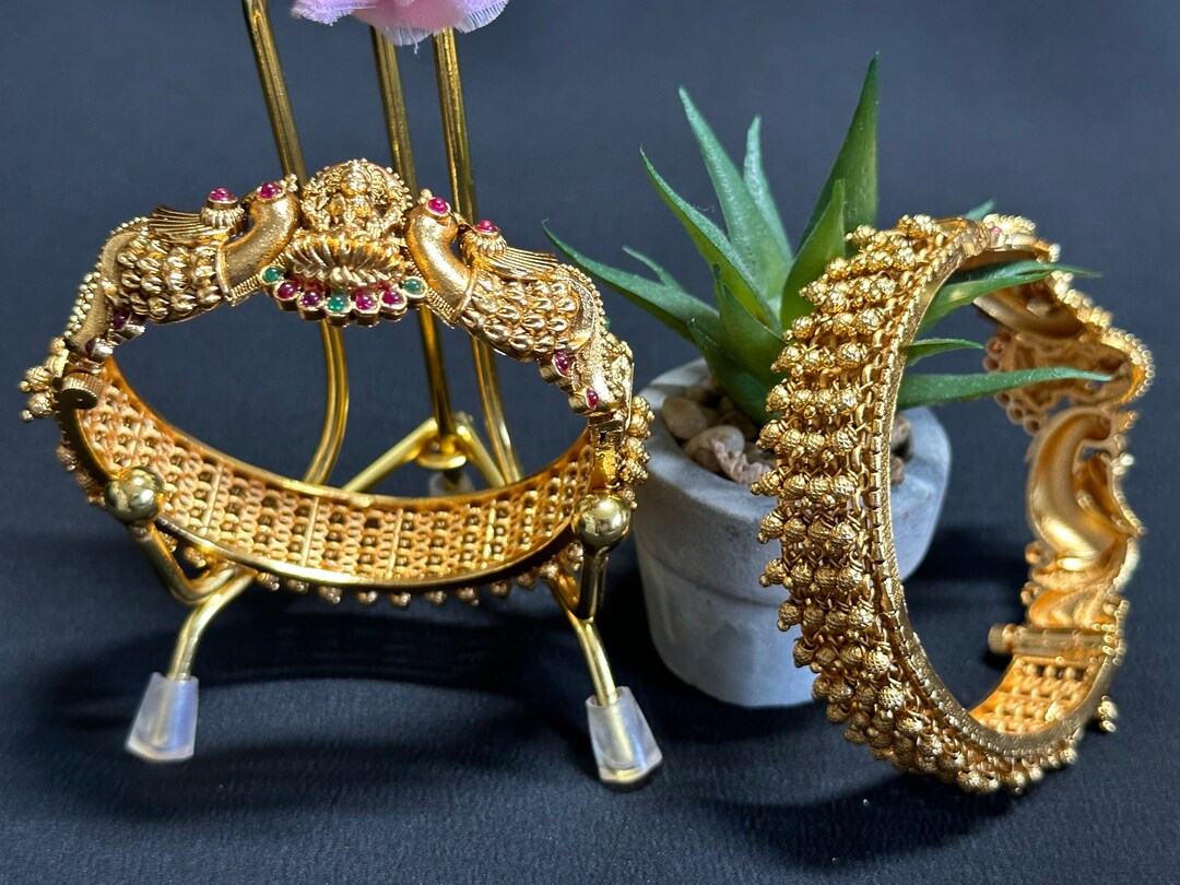 Antique Finish Lakshmi Kada Set of 2/ Gunghroo Bangles/ South Indian ...
