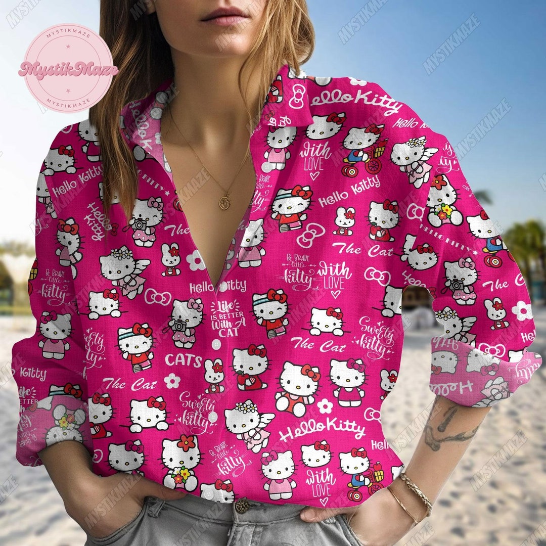 Hello Kitty Linen Shirt, Kitty Cat Linen Blouse, Hello Kitty Button up ...