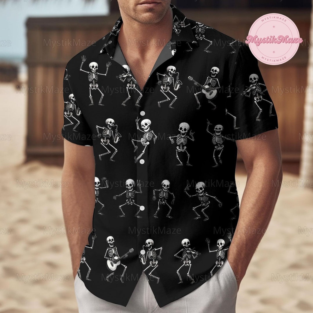 Halloween Skeleton Button Shirt, Skeleton Dancing Hawaiian Shirt ...