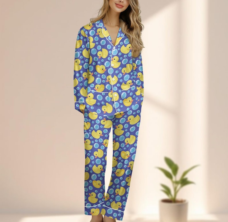 Rubber Duck Satin Pajama Set, Cute Blue Bubble Sleepwear, Funny Long ...