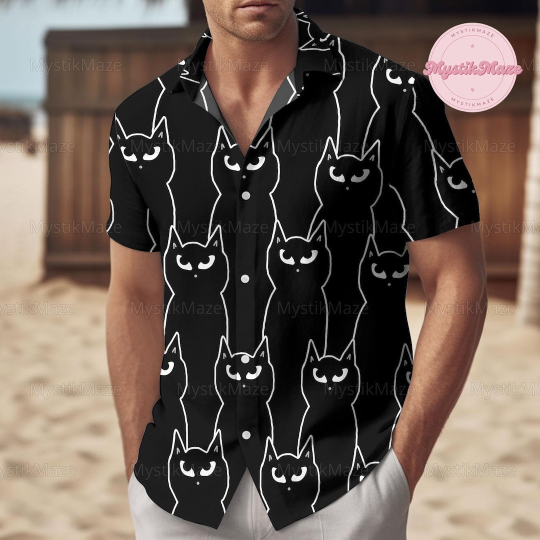 Black Cat Button Shirt, Black Cat Hawaiian Shirt, Black Cat Summer ...