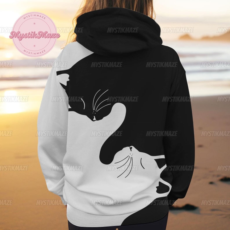 Cat Hoodie, Black White Cat Hoodie, Funny Cat Adult Hoodie, Cat 3D ...