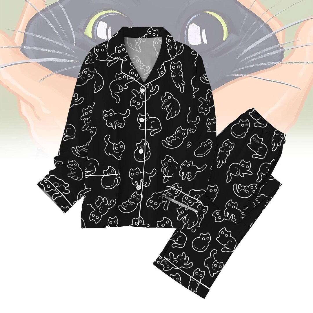Black Cats Pajamas Set, Funny Cat Womens Pajamas, Cute Animal Shirt ...
