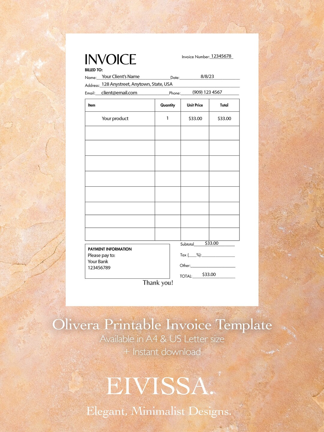 Elegant Invoice Template Small Business - Etsy