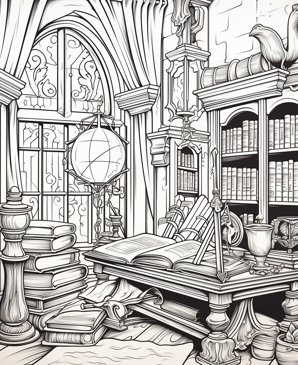 20 Pages Enchanted Library Coloring Book, Fantasy Coloring Book, Adult ...