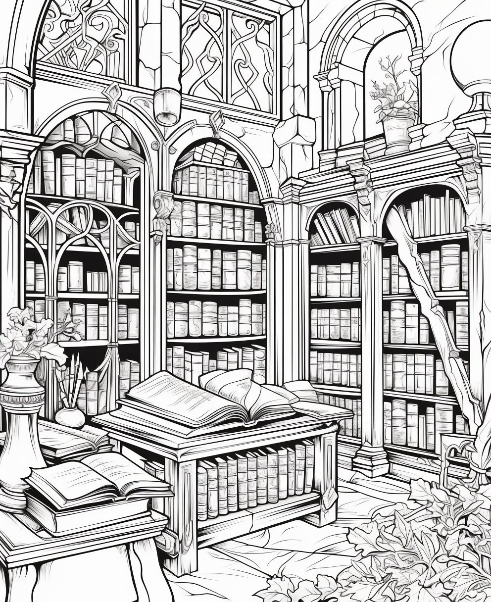 20 Pages Enchanted Library Coloring Book, Fantasy Coloring Book, Adult ...