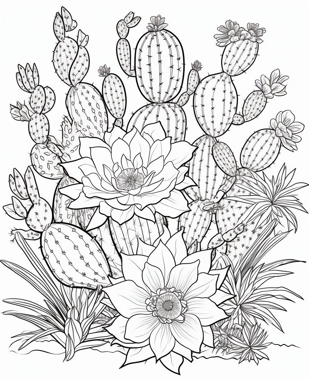 Flowering Cactus Coloring Pages – 20 Digital Drawings in PNG – Plant ...