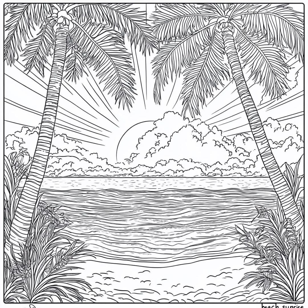 Sunset Beach Coloring Pages – 20 Digital PNG Drawings – Magical and ...